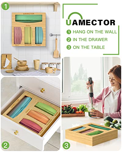 Uamector Bamboo Ziplock Bag Organizer for Drawer, Food Bags Dispenser Plastic Bags Holder for Kitchen, Hanging Baggie Container for Gallon Quart Sandwich or Snack Bag Trash Bags