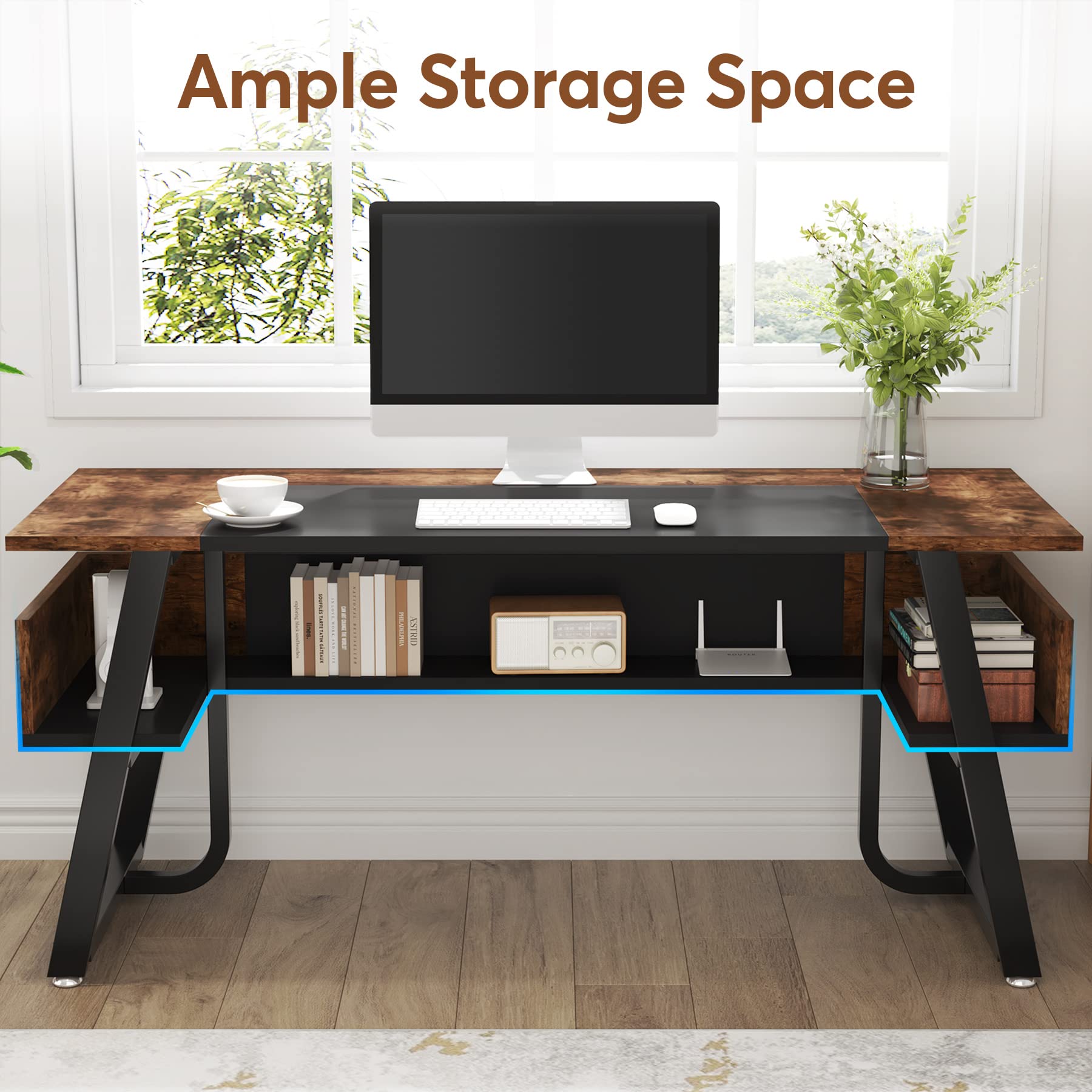 Tribesigns 63 inch Computer Desk Modern Office Desk with Shelf for Home Office, Large Writing Table Wood Business Workstation with Storage Shelves and Sturdy Metal Frame for Study Bedroom, Black Brown