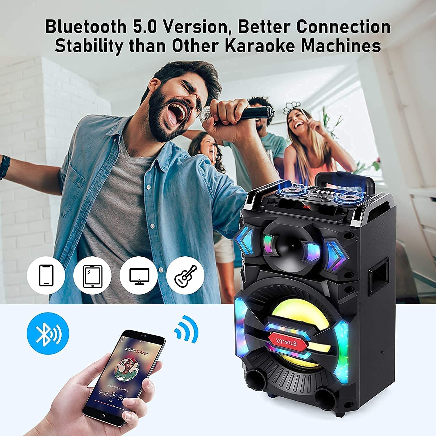 Karaoke Machine for Adults, Portable PA System Bluetooth Speaker with 10'' Subwoofer, 2 Wireless Microphones+DJ Light+iPad Stand, for Home Karaoke Singing, Party, Meeting, Class and Church