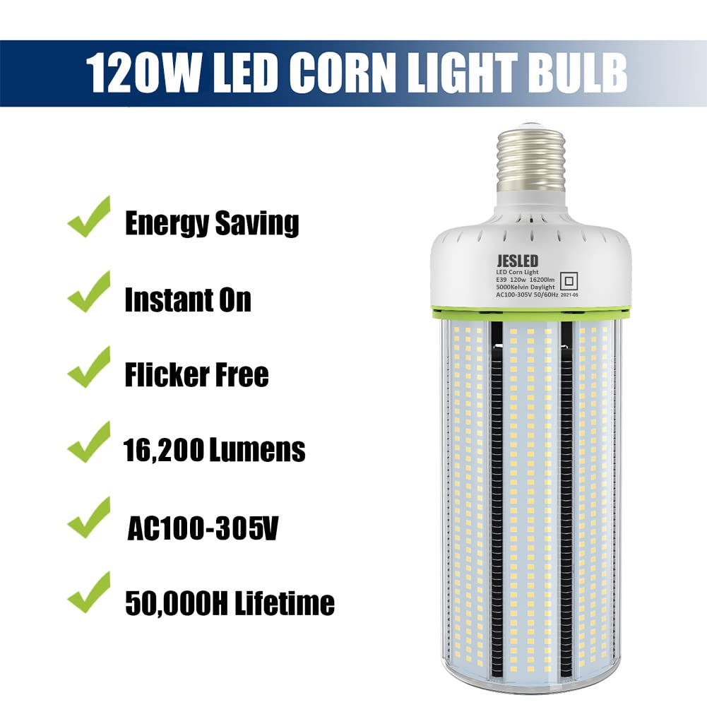 JESLED 120W LED Corn Cob Light Bulb, 5000K Daylight E26/E39 Mogul Base Corn Bulb Replacement Metal Halide HPS CFL HID Lamp for Large Area Lighting Warehouse Parking lot Canopy High Bay Light