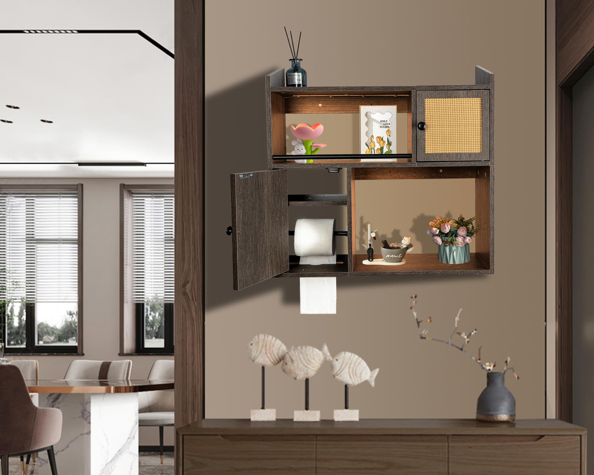 VIWODS Wall Cabinet with Light, Floating Display Cabinet for Bedroom Living Room Decor, Medicine Cabinet for Bathroom Over Toilet Storage, Rustic Brown
