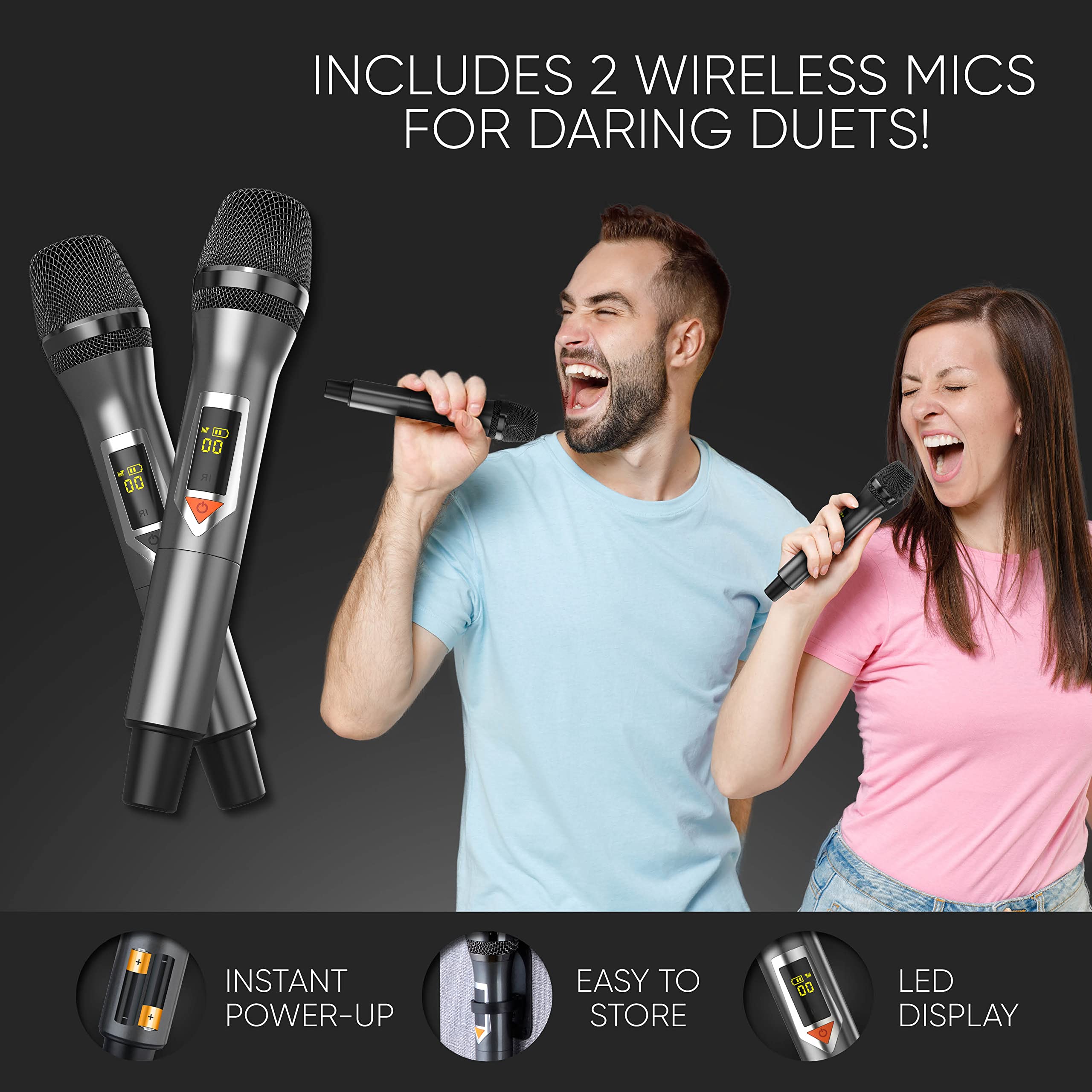 MASINGO 2022 Professional Karaoke Machine with Lyrics Display Screen - Bluetooth Portable PA Speaker System with WiFi, Built-in 15" Tablet, LED Lights + 2 Wireless Microphones (Renewed)