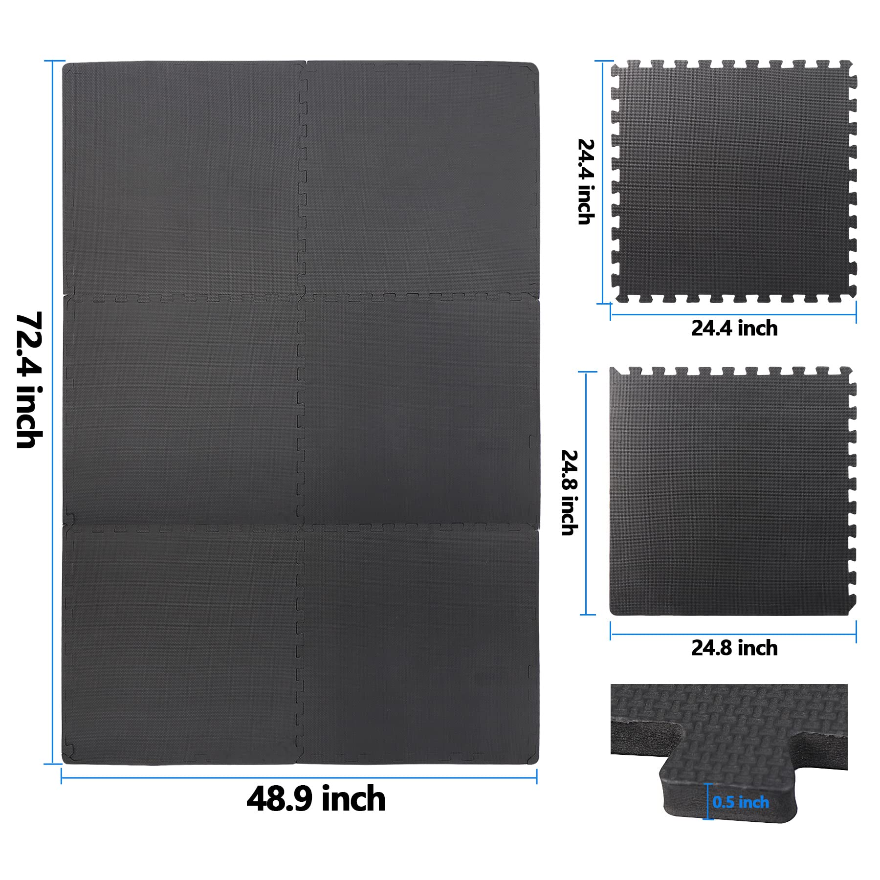 HomGarden Puzzle Exercise Mat 1/2ββ EVA Interlocking Foam Floor Mats for Exercise Equipment Home Gym Workout Mat(6 Tiles) Black
