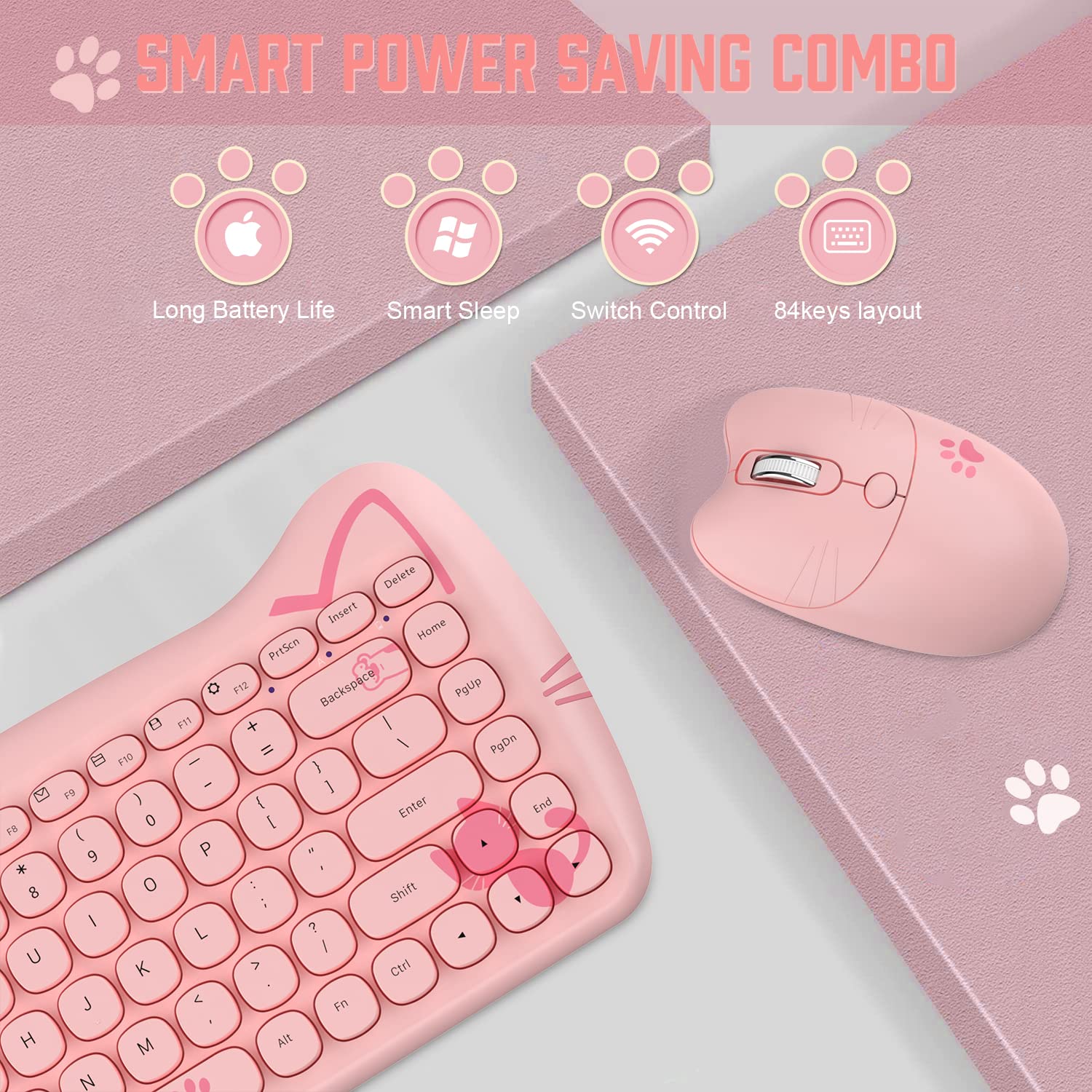 LexonElec Wireless Keyboard and Mouse,2.4GHz Wireless Retro Cute Cat Keyboard with 84 Key Mouse and Keyboard Combo,Cat Mouse with 3 Adjustable DPI for Mac PC Desktop Laptop(Pink)