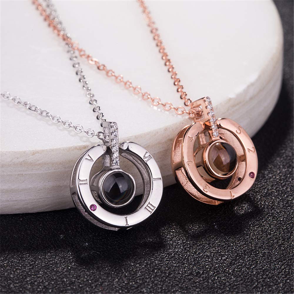 Inf-way I Love You Necklace, 100 Languages Projection on Round Onyx Pendant Loving Memory Collarbone Necklace 1 Pcs (Silver)