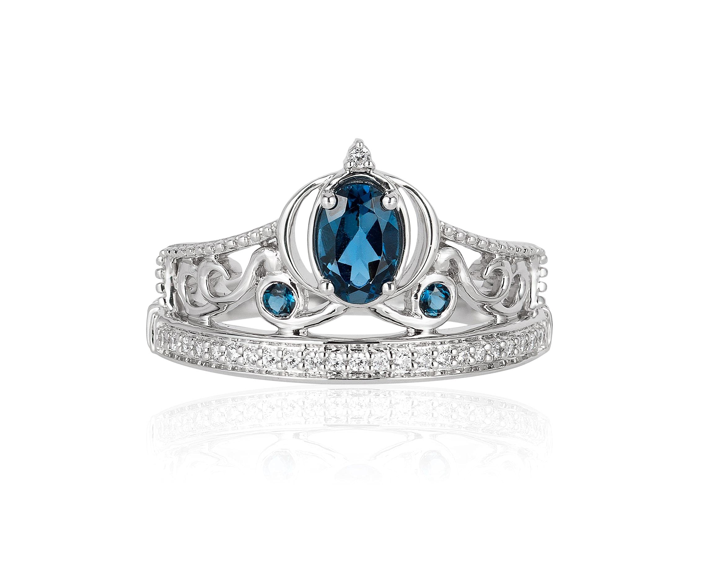 Jewelili Enchanted Disney Fine Jewelry Sterling Silver 6x4 MM London Blue Topaz with 1/10 Cttw Diamonds Cinderella Carriage Tiara Ring, Size 7
