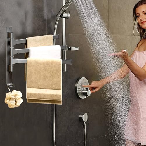 Swivel Towel Rack, 12" 3-Arm Wall Mounted Towel Rack, 180 Degree Swing Out Bathroom Towel Rack for Multiple Towels, Anti-Slip Towel Bar with Hook for Bathroom, Kitchen, Wall(Gun-Grey)