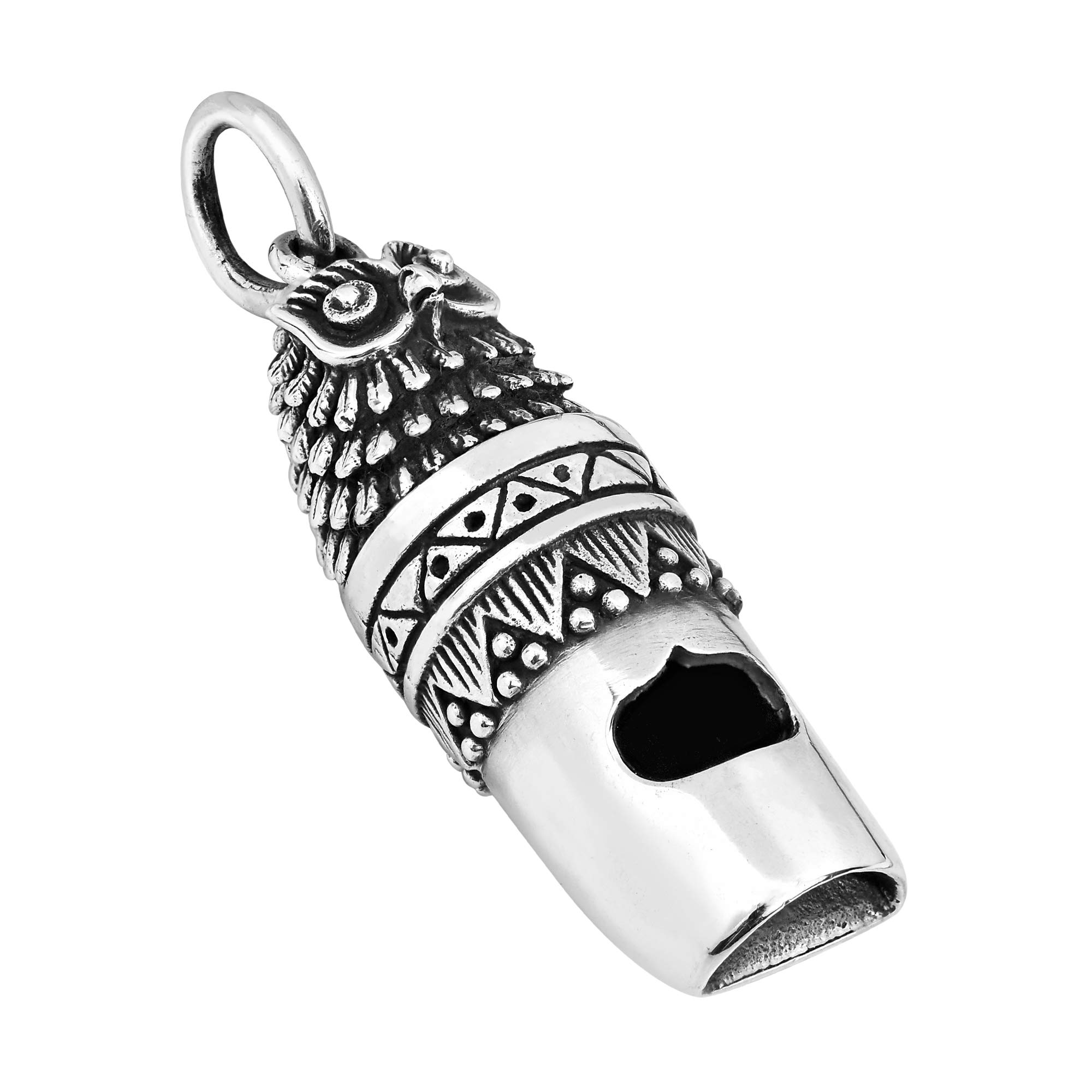 Intricate Detailed 3D Owl Whistle .925 Sterling Silver Pendant Rubber Necklace