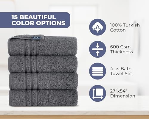 Hawmam Linen Grey Bath Towels Set of 4, Cotton Body Towel for Hotel, Gym, Spa, Soft Extra Absorbent Quick Dry Towels for Bathroom 27x54 Inch