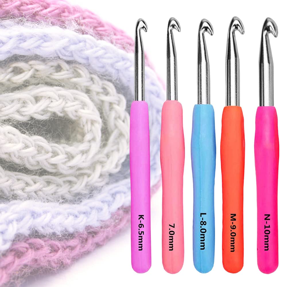 Katech Crochet Hooks Yarn Kit Includes 5 pcs Crochet Hooks and 6 pcs Random Colors Yarn Skeins, Ergonomic Crochet Needle Yarn Set for Making Socks, Scarf, SweaterL8