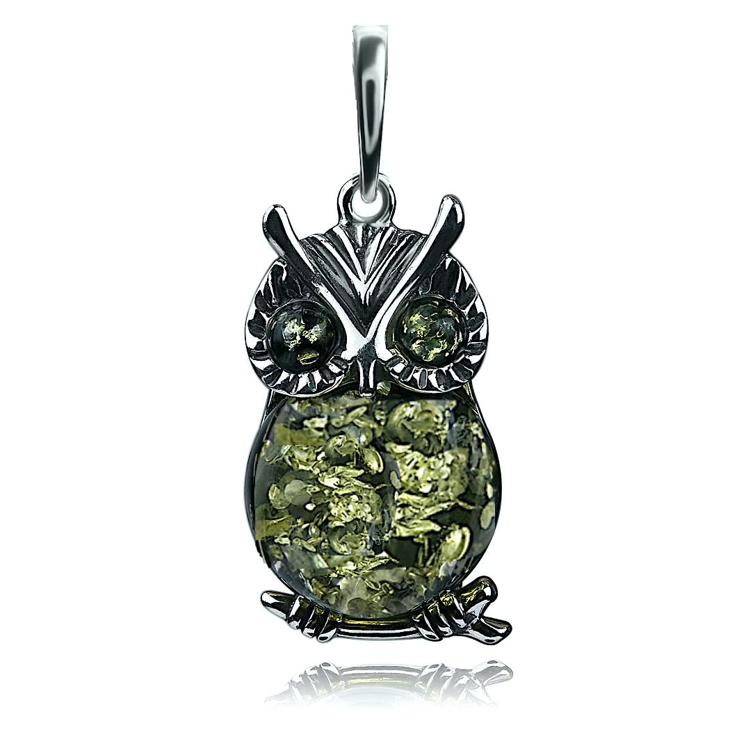 Ian and Valeri Co. Green Amber Sterling Silver Owl Bird Pendant