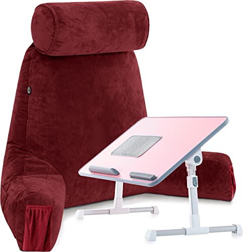 Husband Pillow Combo - Backrest Pillow with Arms : Medium Maroon & Lap Desk Bed Tray : Pink - Memory Foam Reading Pillows for Bed w/Removable Neck Roll & Laptop Bed Tray Table