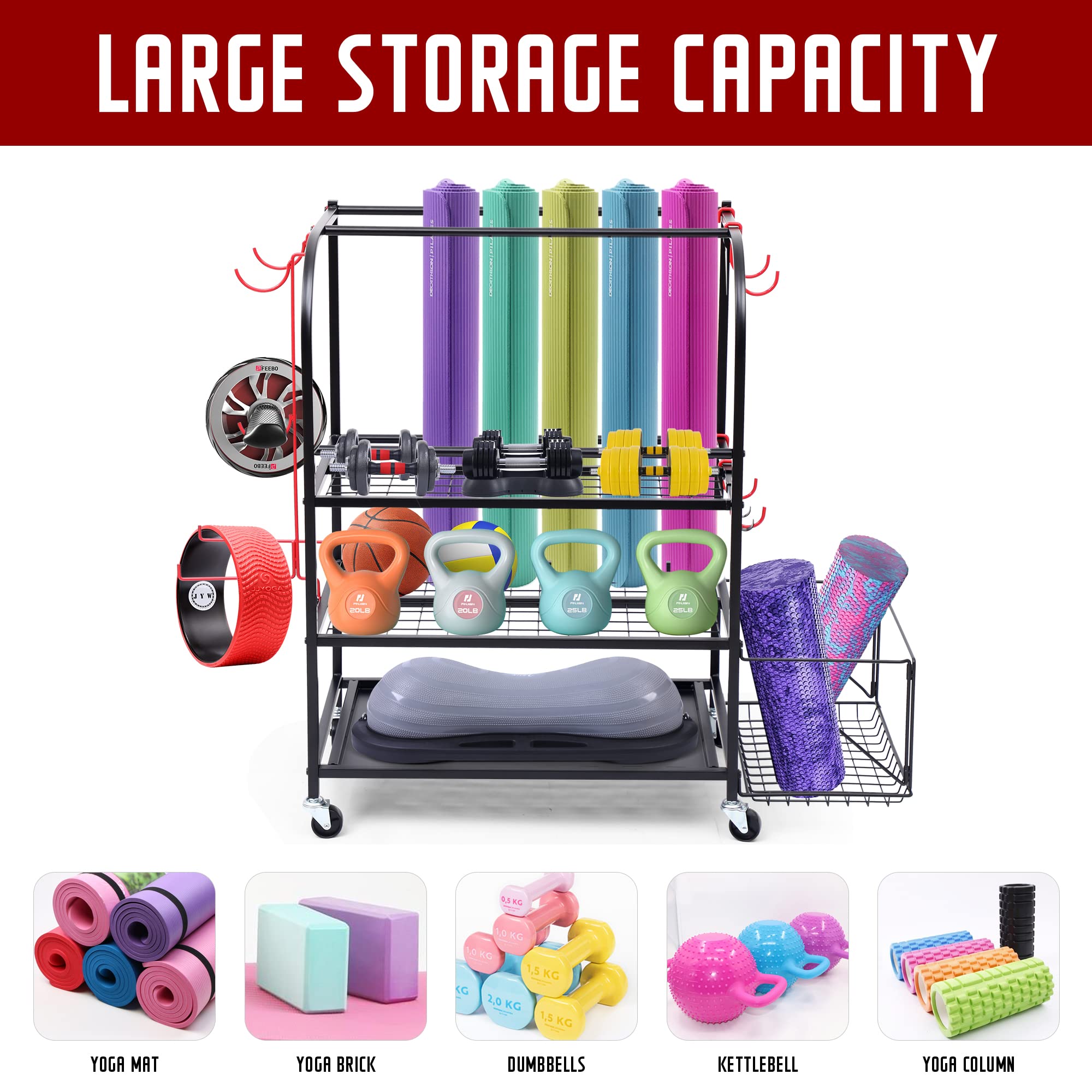 Nice C Outdoor Toy Storage, Garage Organization, Sports Equipment Organizer, Rolling Garage Storage System, Ball Storage Rack, Yoga Mat Storage with Hooks and Basket (4-Layer)