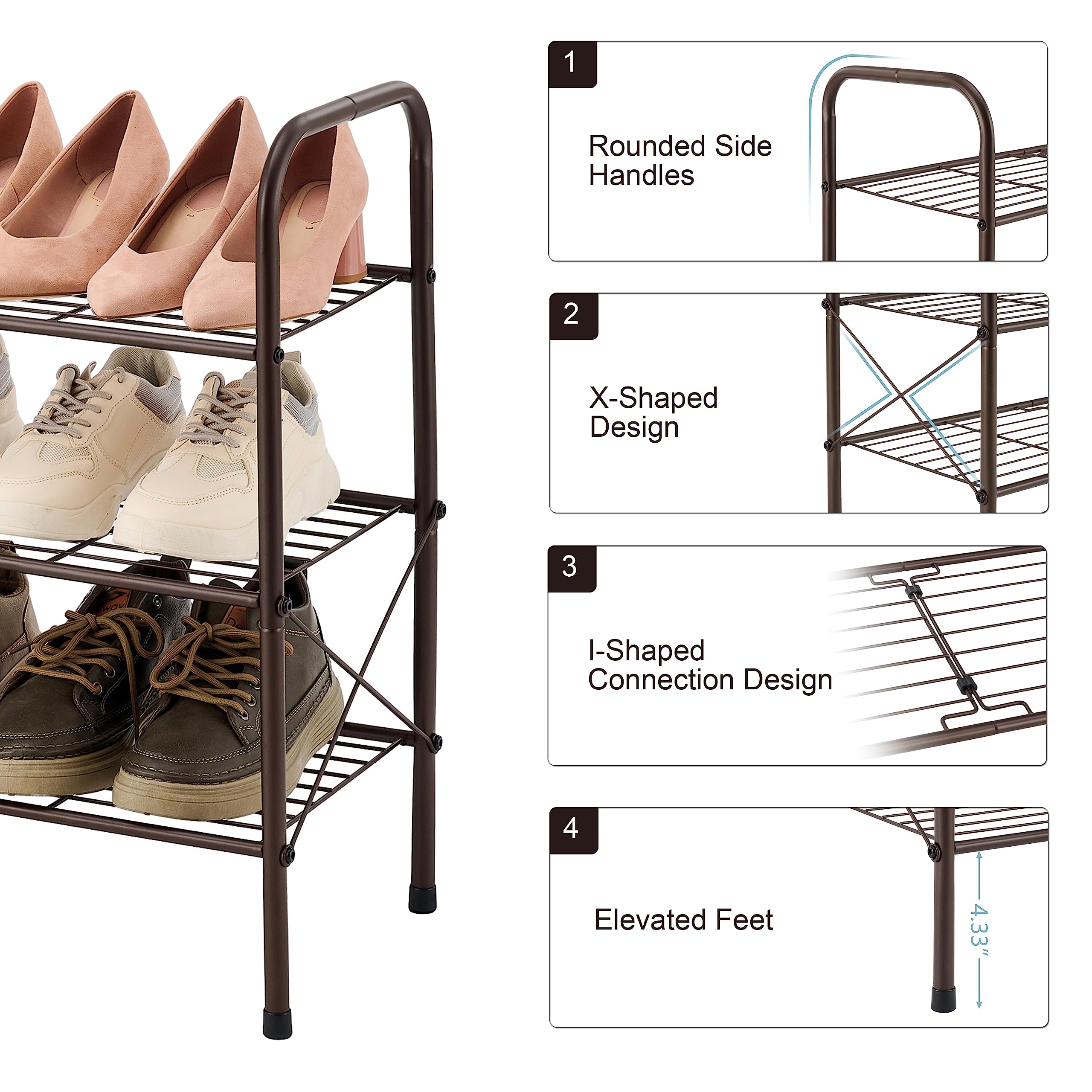 Hoctieon 3 Tier Durable Mesh Style Shoe Rack, Entryway Shoe Shelf, Shoe Rack FreeStanding, Shoe Storage Organizer, Shoe Rack for Closet, Brown