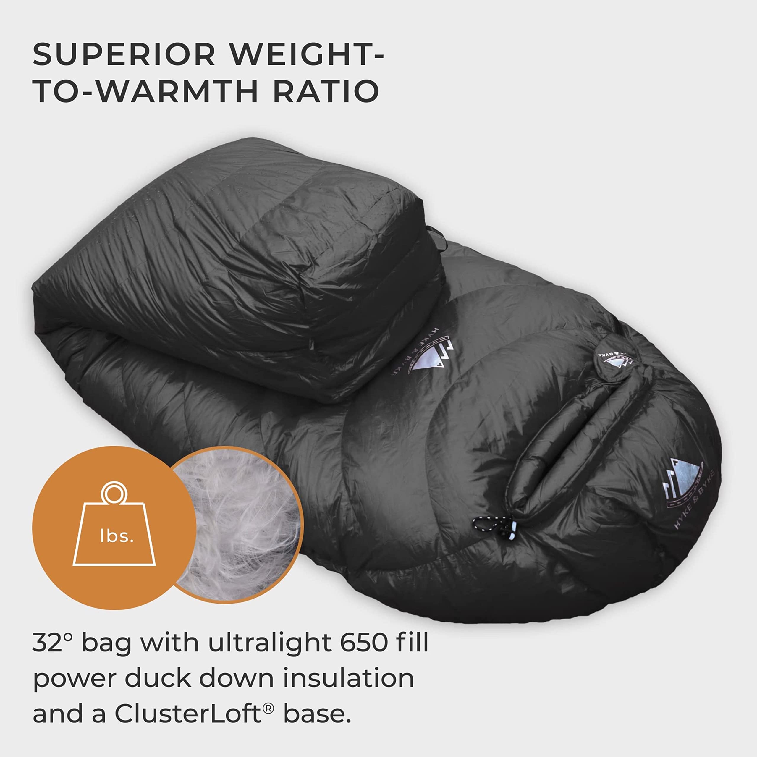 Hyke & Byke Shavano 32 F Hiking & Backpacking Sleeping Bag - 3 Season, 650FP Duck Down Sleeping Bag - Ultralight - Black - 78in - Regular
