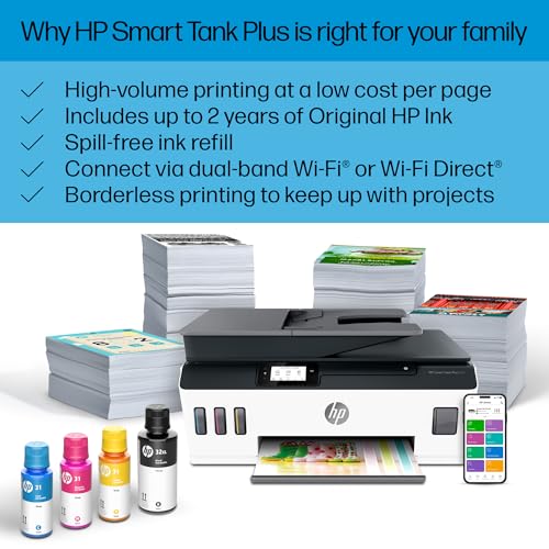 HP Smart -Tank Plus 651 Wireless All-in-One Ink -Tank Printer, up to 2 Years of Ink in Bottles, Auto Document Feeder, Mobile Print, Scan, Copy, Works with Alexa (7XV38A)