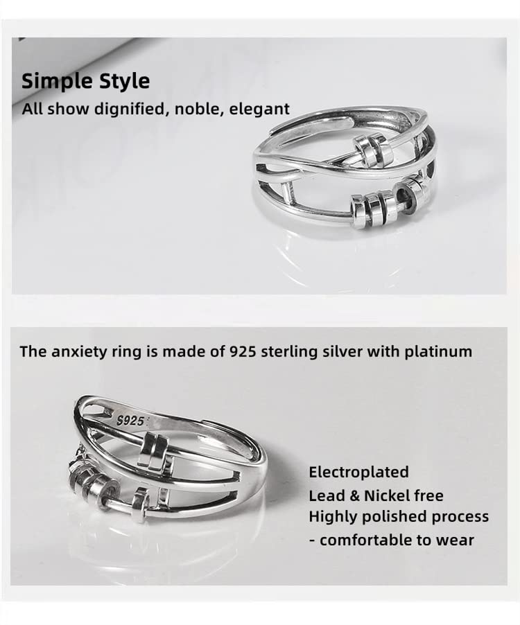 LETINE Fidget Rings For Anxiety For Women Men, Sterling Silver Anxiety Ring With Bead Unisex Spinner Ring Adjustable Worry Ring