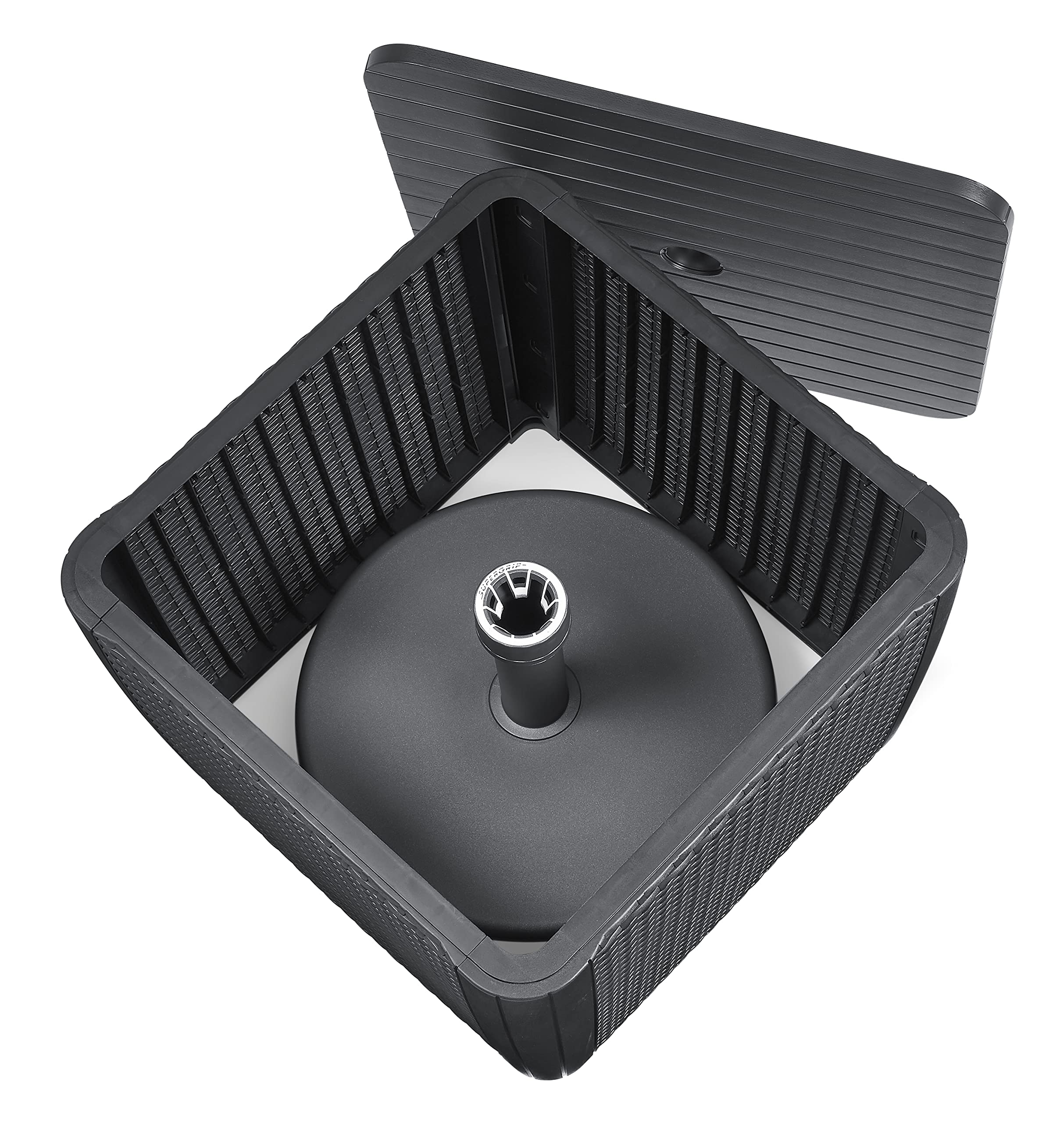 Keter Patio Side Table with Umbrella Hole | Pool Umbrella Base Cover | Outdoor Furniture End Table | Small Coffee Table | No Tools Required Easy Assembly, Graphite