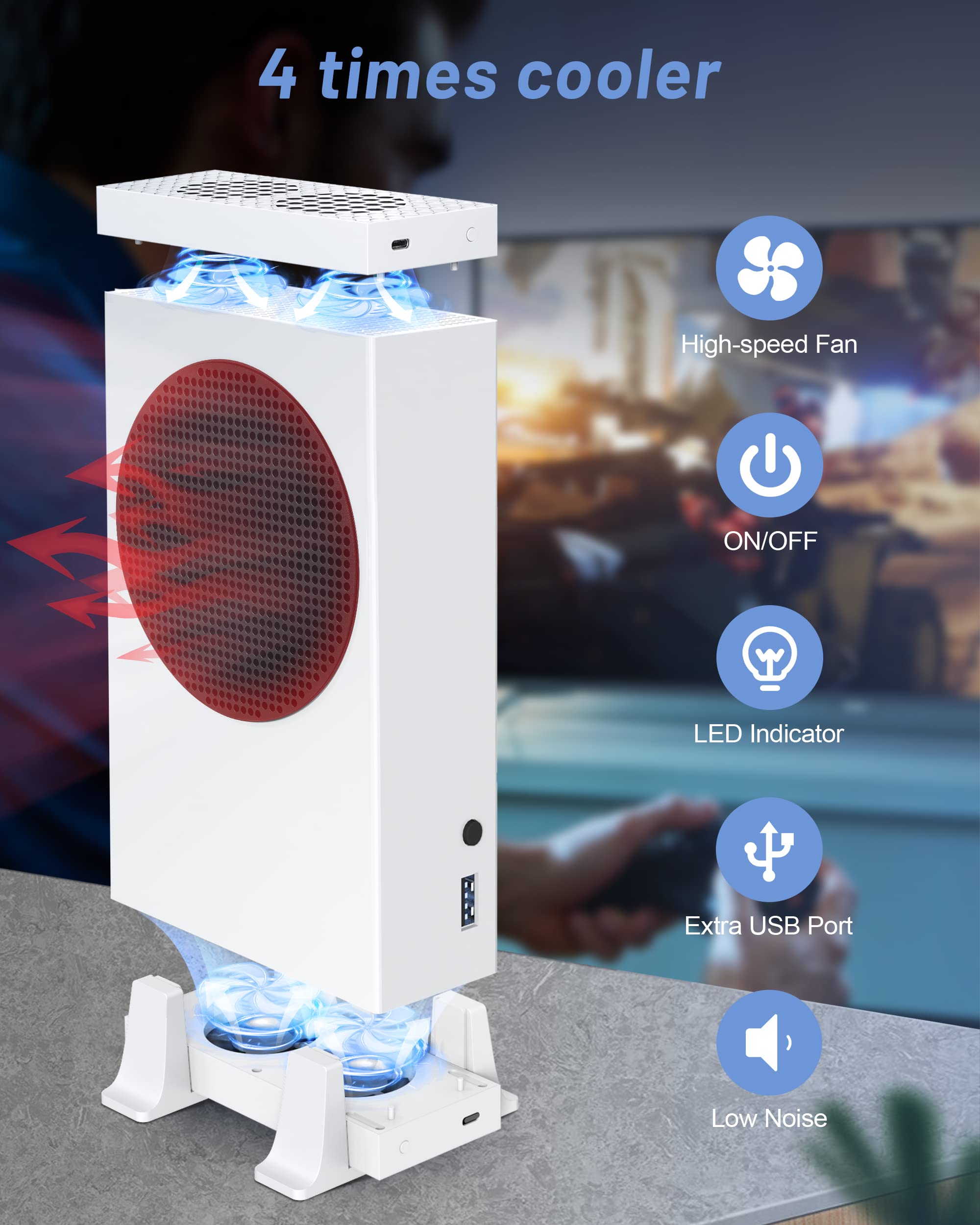Narati Cooling Stand for Xbox Series S, Cooling Dock Cooler System, Four Cooling Fan for Top and Bottom, 3 Level Fan Speed 2300/2800/3200RPM with LED Indicator and 4 Extra USB Ports, Low Noise