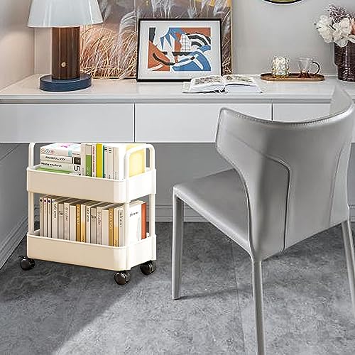 Jextou Rolling Book cart, 37x25x43.5cm Movable Bookshelf Cart, Mobile Book Cart Organizer, 2 Tier Bookshelf, Cart Rolling Storage Organizer for Office Home Kitchen