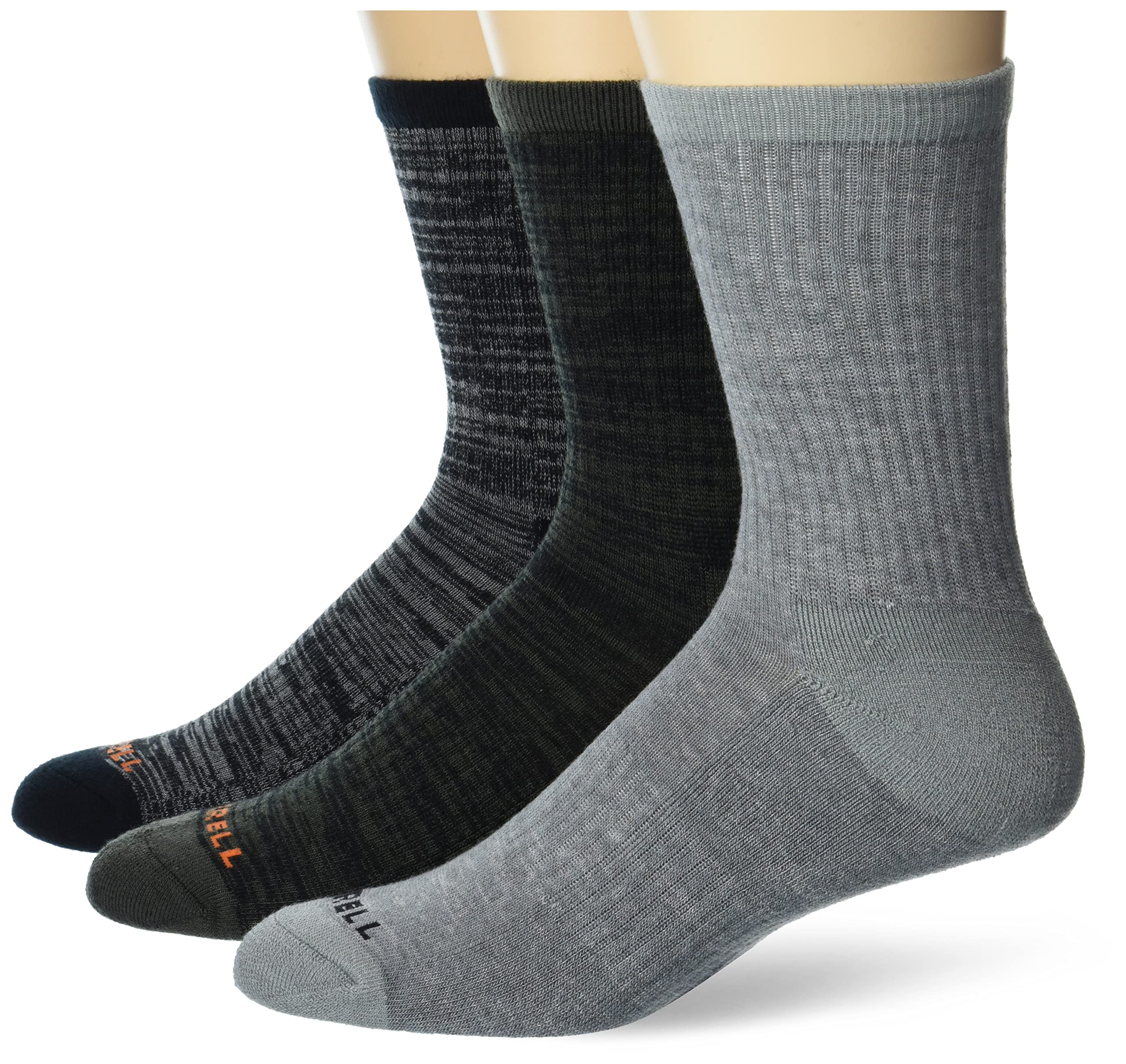 Merrell Adult's Lightweight Wool Hiking Crew Socks-3 Pair Pack-Unisex Arch Support Band, Black Assorted, S/M (Men's 5-8.5 / Women's 5-9.5)