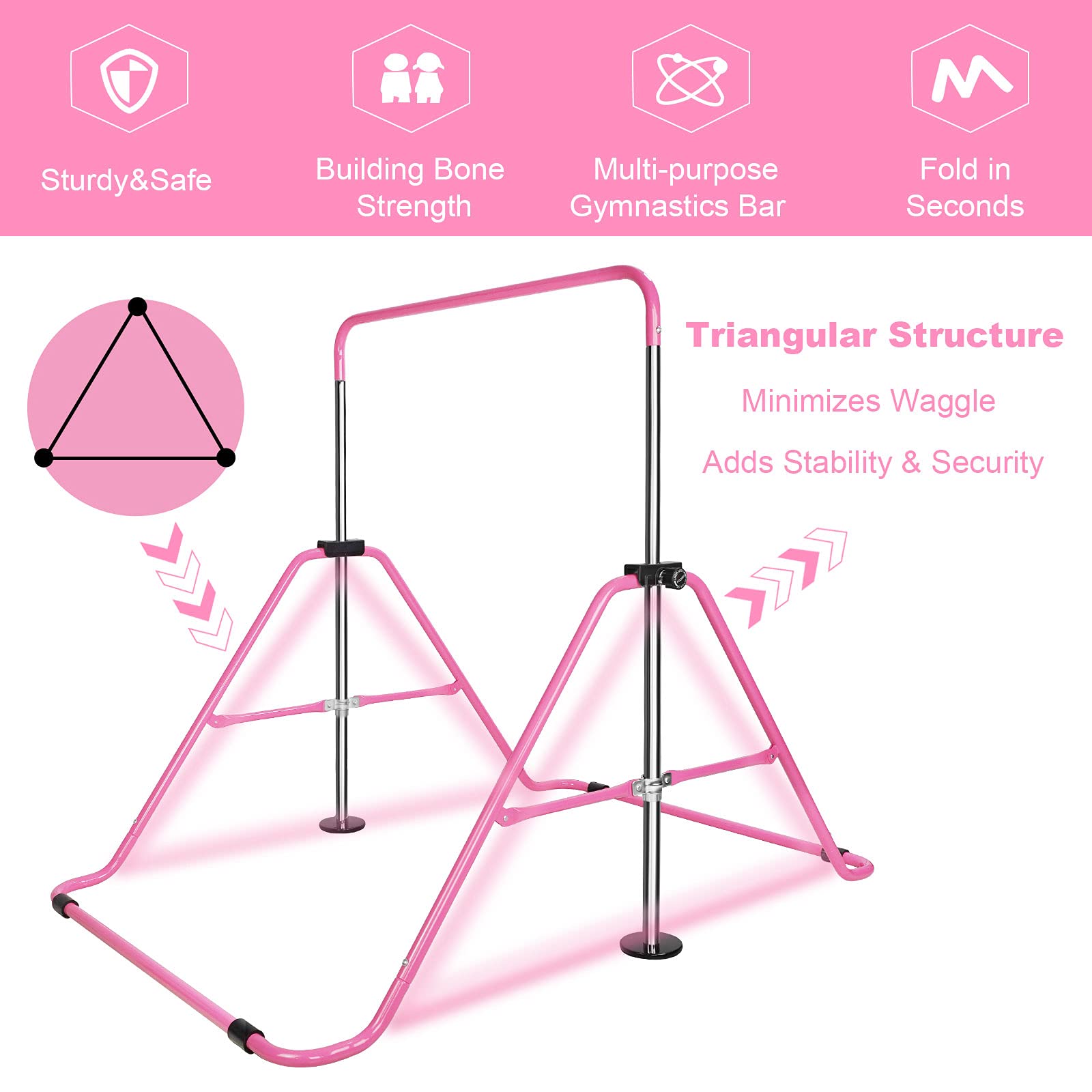 KL KLB Sport Expandable Gymnastics Bars Kids Junior Kip Training Bars Equipment for Home, Folding Height Adjustable Horizontal Bars for 3-7 Years Old (Pink)