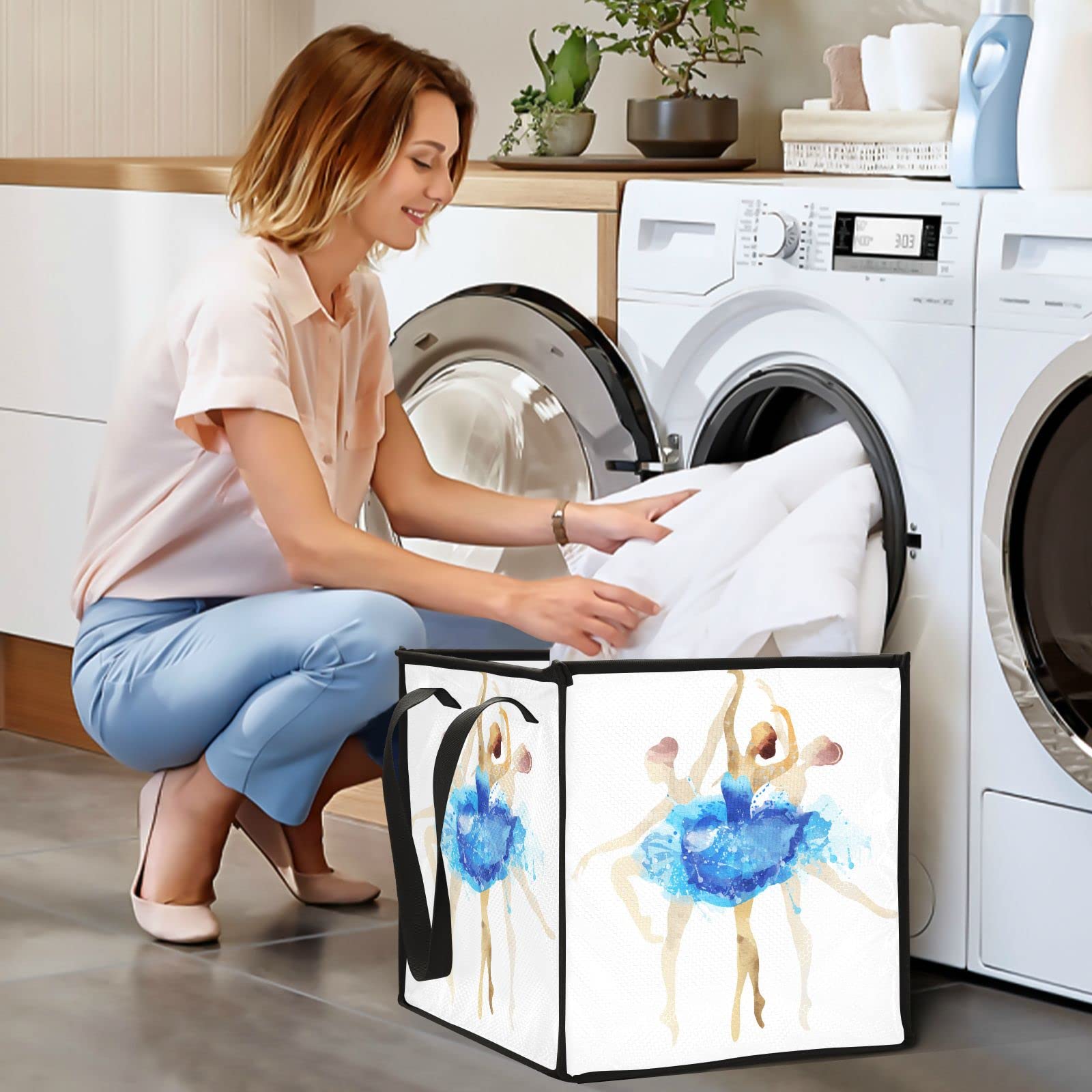 KEEPREAL Blue Ballerina Cube Storage Bin with Handles, Large Collapsible Organizer Storage Basket for Home Decorative(1Pack,10.6 x 10.6 x 10.6 in)