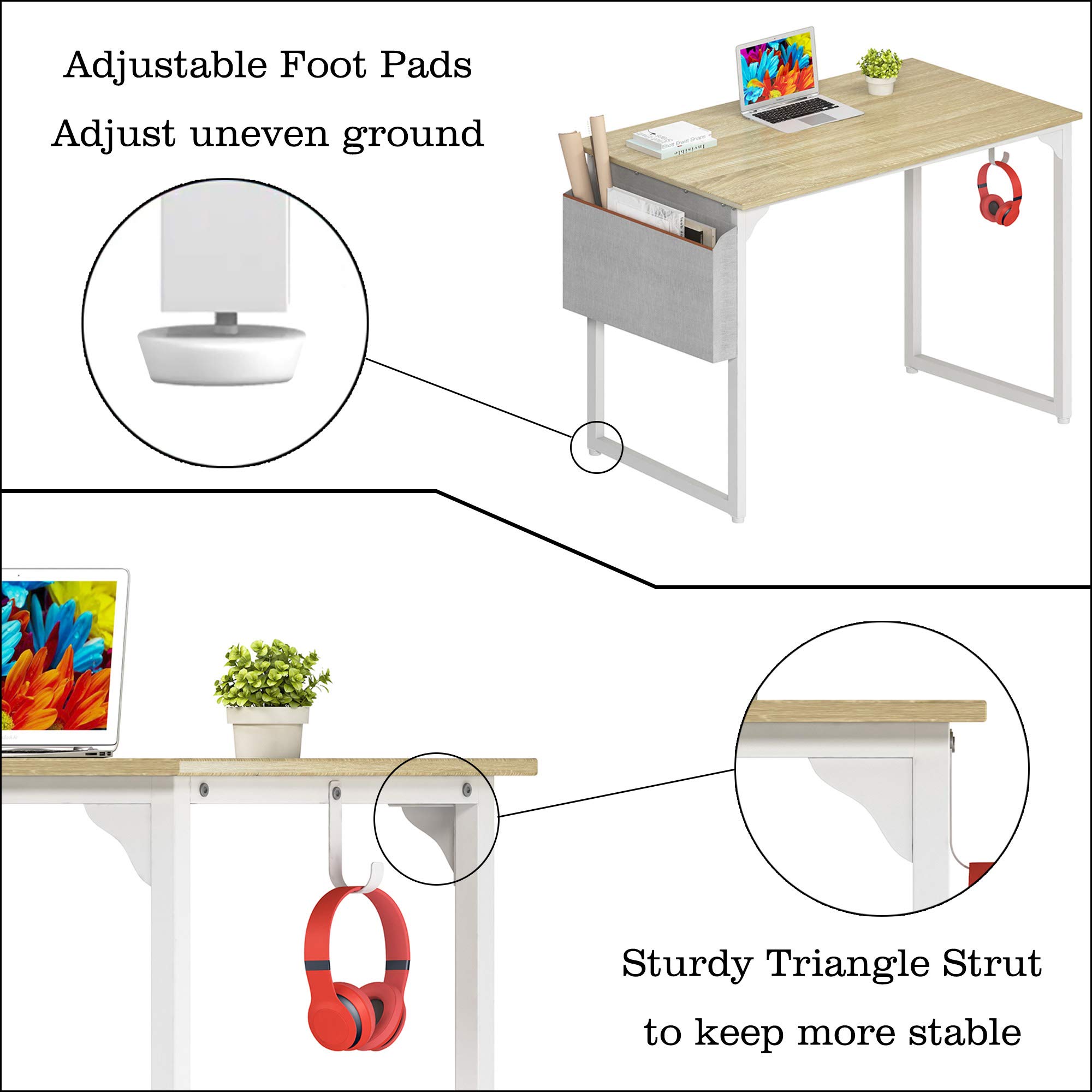 JSB Small Computer Desk 39" with Storage Bag and Hook, Home Office Desk Laptop Study Writing Table - Natural & White
