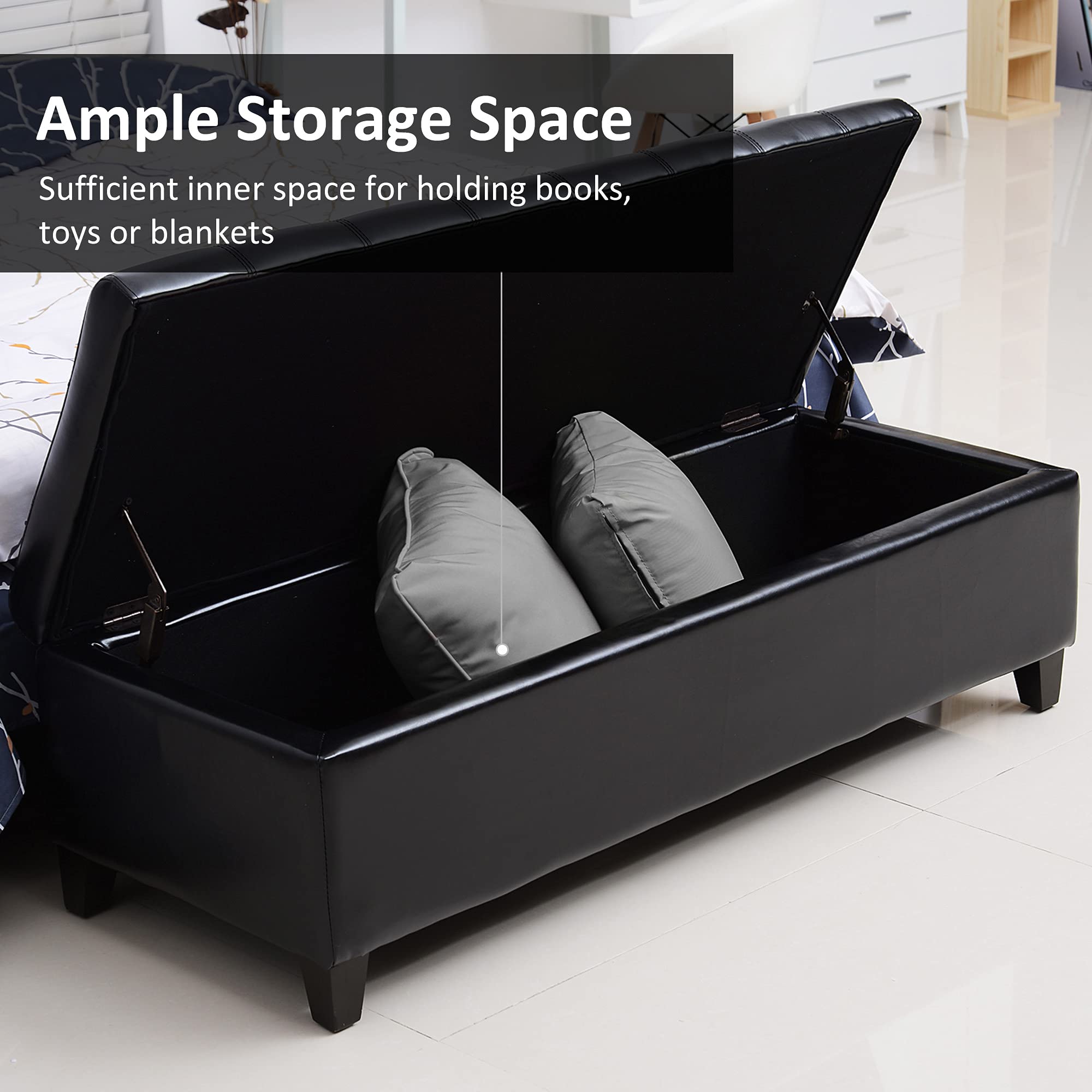 HOMCOM 51" Ottoman Storage Bench, Faux Leather Storage Chest with Lift Top, Tufted Ottoman with Storage for Living Room, Entryway, Black