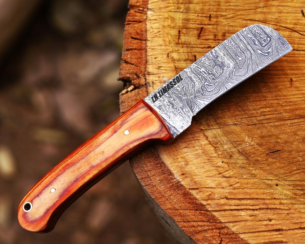 LH LIMASSOL Custom Handmade Damascus steel Bull cutter knife , cowboy knives with pancake leather sheath