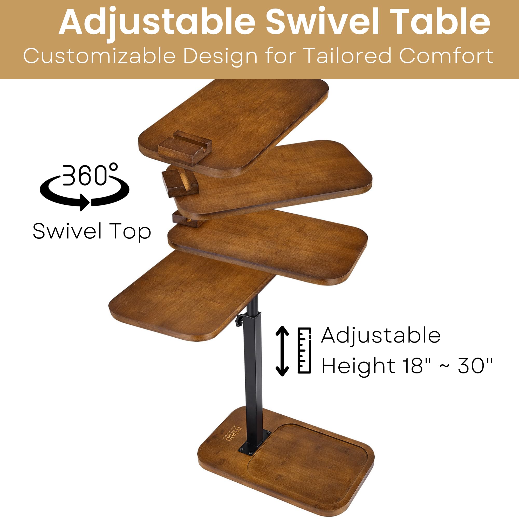 Side Table for Couch, Swivel TV Tray Table & 360° Rotating Phone Holder, Couch Arm Tray Tables, Small Side Table for Small Spaces, C Shaped End Table Couch Tables That Slide Under (Brown)