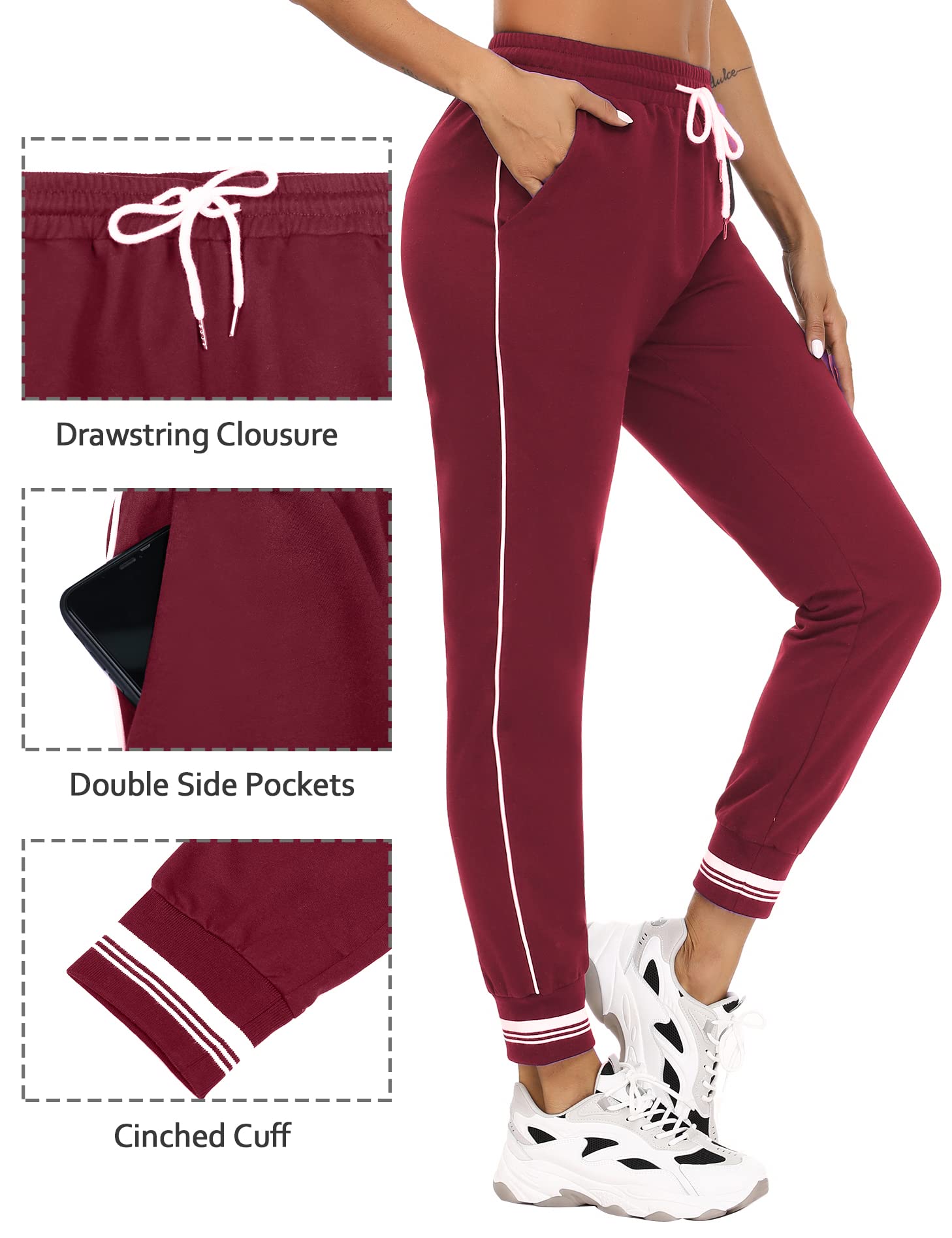Letnewf Women Workout Sweatpants Lightweight Cotton Comfy Striped Running Joggers Lounge Pants with Pockets Red