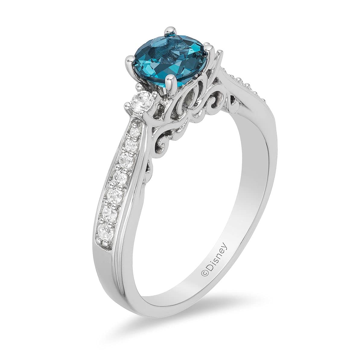 Jewelili Enchanted Disney Fine Jewelry Sterling Silver with 1/5 Cttw Diamond and London Blue Topaz Cinderella Ring, Size 6