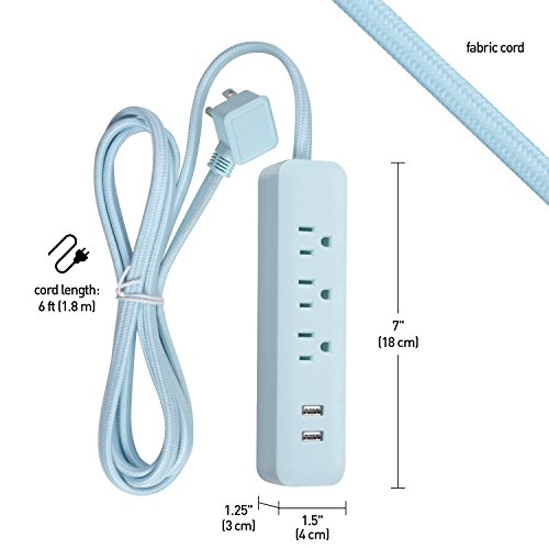 Globe Electric 78255 Designer Series 6ft 3-Outlet USB Surge Protector Power Strip, 2X USB Ports, Surge Protector, Mint Finish