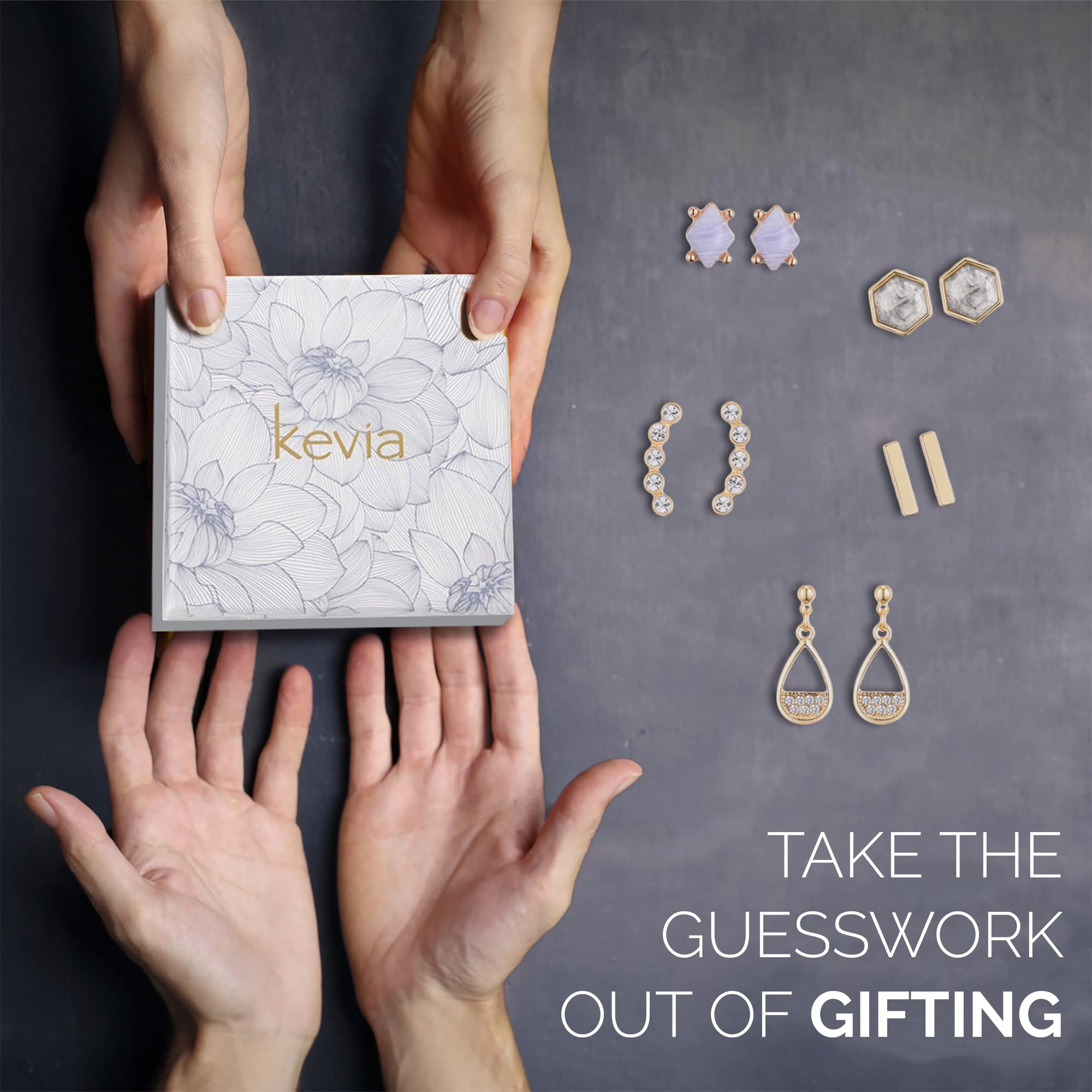 Kevia Set of 5 Stud Earrings in Gold with Green Gemstone, CZ & Leaf & Knot Accents
