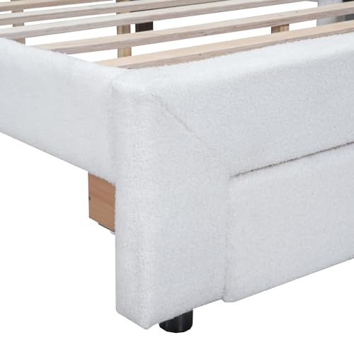 HBRR Queen Size Bed Frame with Drawer, Upholstered Smart Platform Bed with 2-Drawers Nightstand and USB Ports, Strong Wood Slats Support, No Box Spring Needed, Teddy Fleece, White