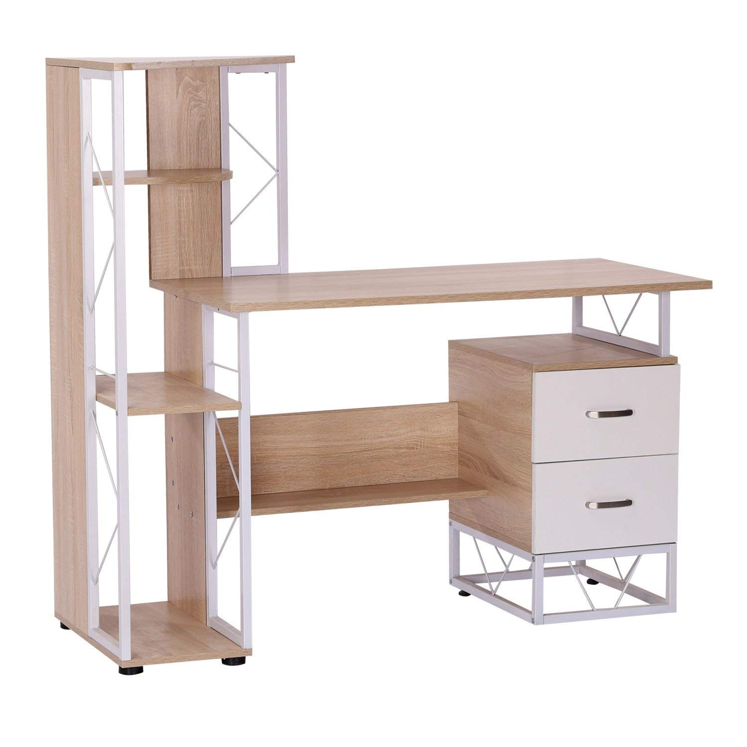 HOMCOM 52" Modern Computer Desk with Storage Shelves and Drawers, Home Office Desk, Study Workstation with CPU Stand, Oak