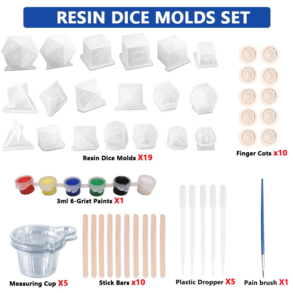 Juanya Dice Molds for Resin, 19 Styles Polyhedral Game Silicone Resin Dice Molds with Mixing Sticks, Finger Cots, Cups, Droppers and Acrylic Paints for Resin Lovers Table Games DIY Making