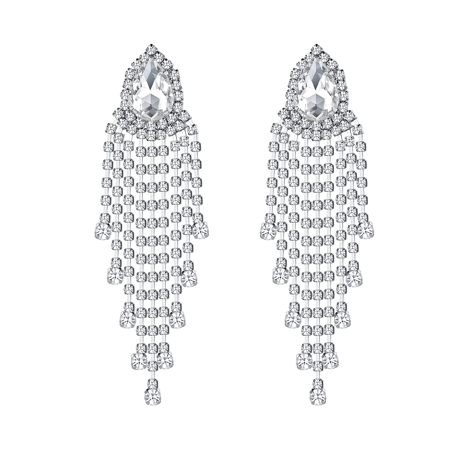 Lauracode Chandelier Rhinestone Earrings Dangling Tassel Long Sparkly Silver Pageant Bridal Wedding Earrings 10.5