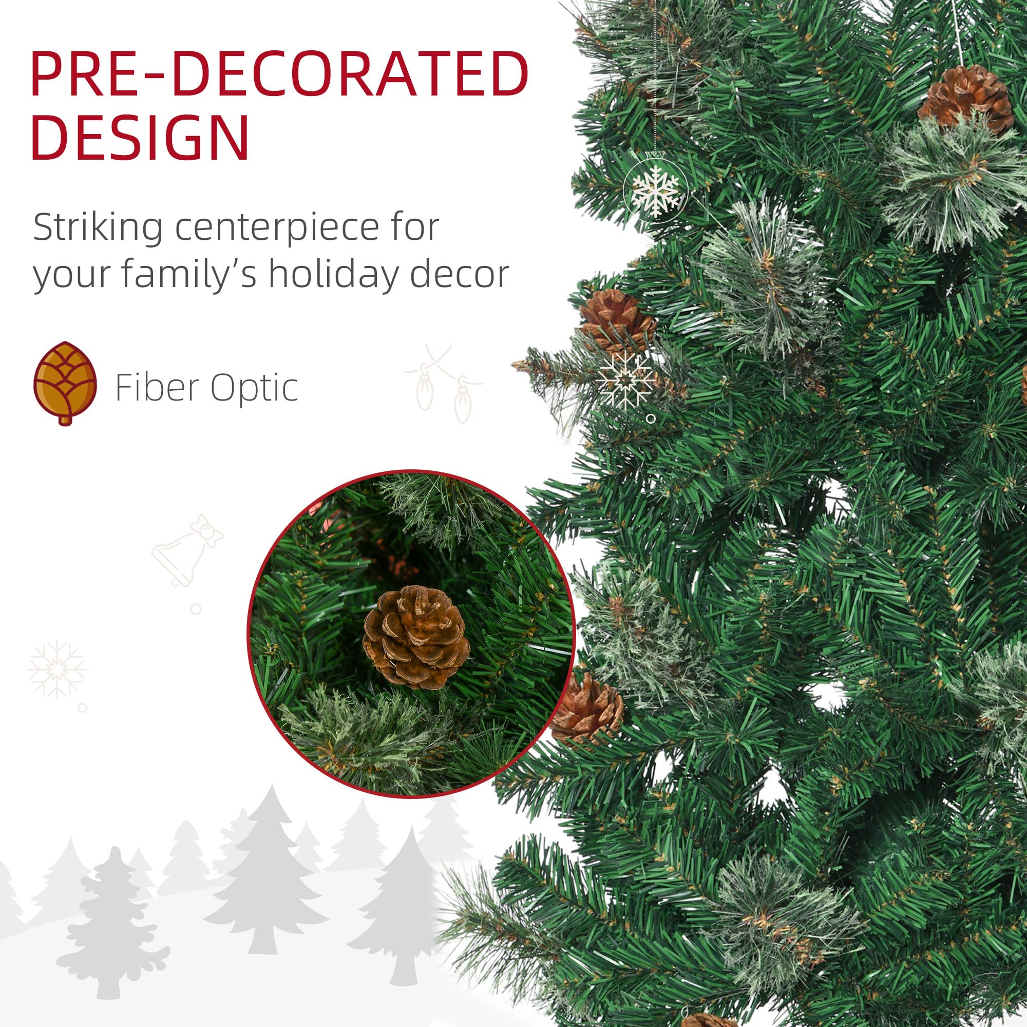 HOMCOM 6.5 Foot Pencil Artificial Christmas Tree, Slim Pine Needles Xmas Tree with Realistic Branches, Pine Cones, Metal Base, Green