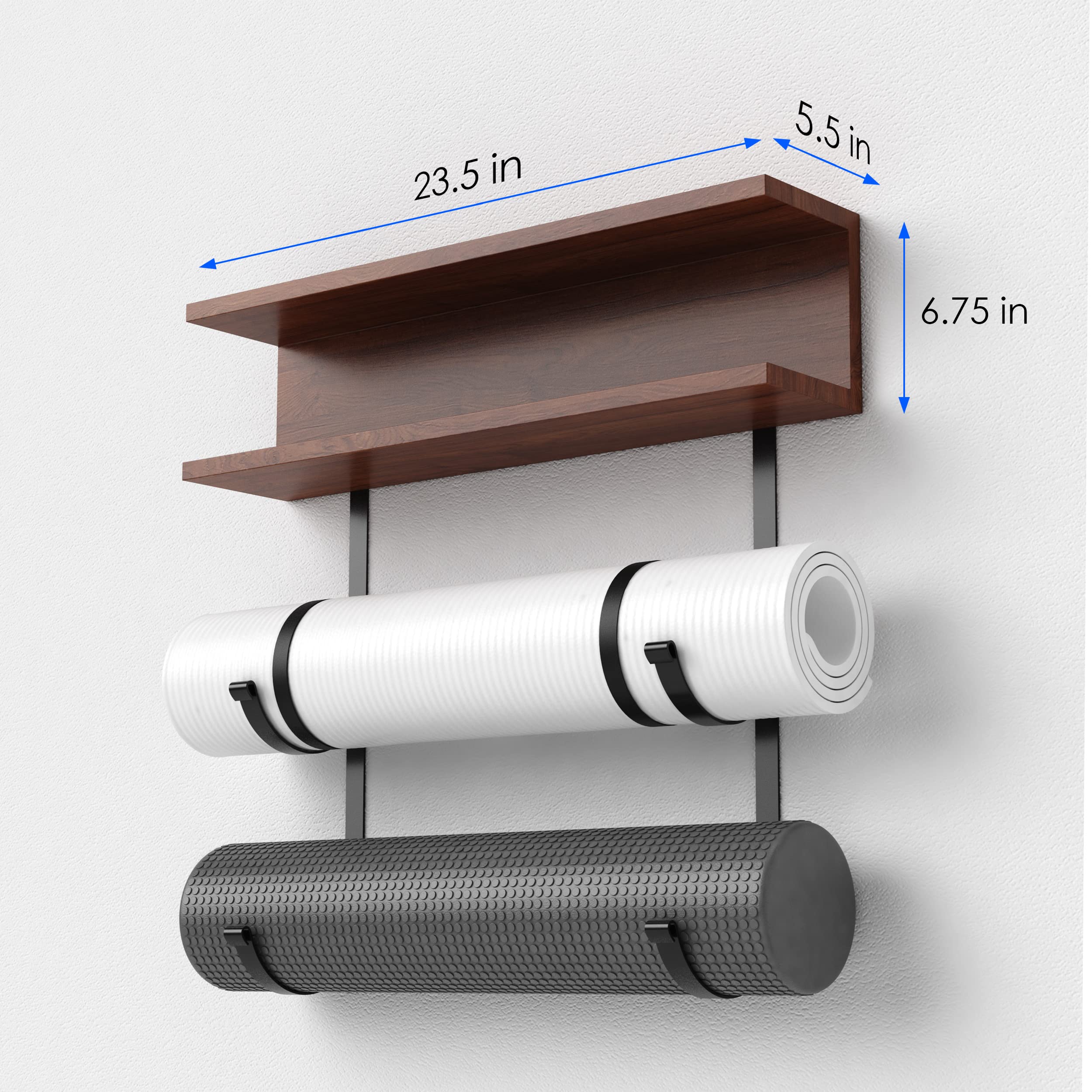 Houseables Yoga Mat Holder, Wall Mounted Organizer w/Shelf and Hooks, 23.5” x 6.75” x 5.5”, Brown, Black, Wood, Metal, Foam Roller Hanging Rack, Workout Accessories Storage, Home Gym Exercise Mount