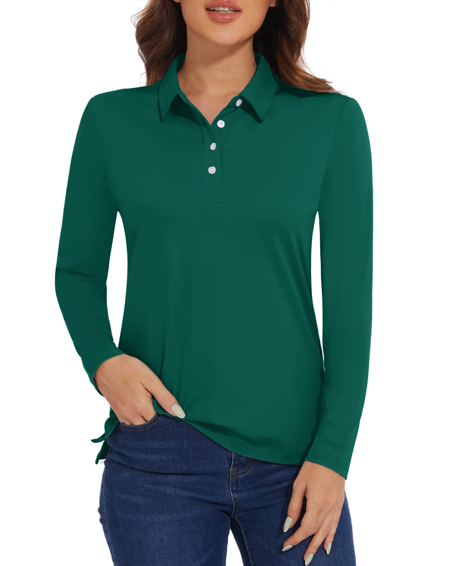 MAGCOMSEN Women's Swim Shirt Long Sleeve Polo Tees Shirts UPF 50+ UV Protection Athletic Shirts V-Neck Golf Polo Emerald Green,M