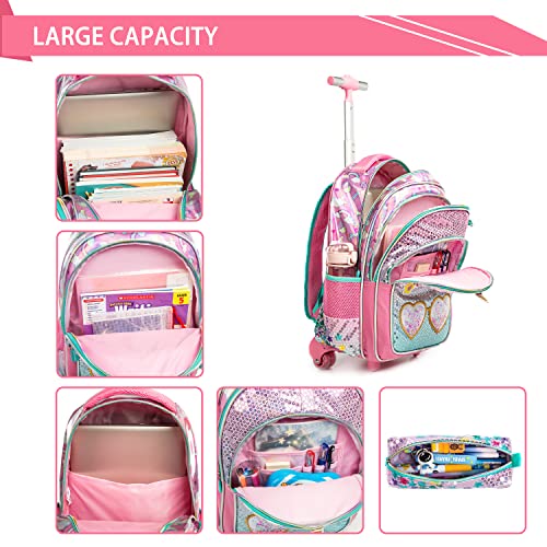 JSMNIAI Pink Unicorn Rolling Backpack for Girls Rolling Backpacks Set with Wheels Kids Luggage for Elementary Students with Lunch Box Travel Suitcase