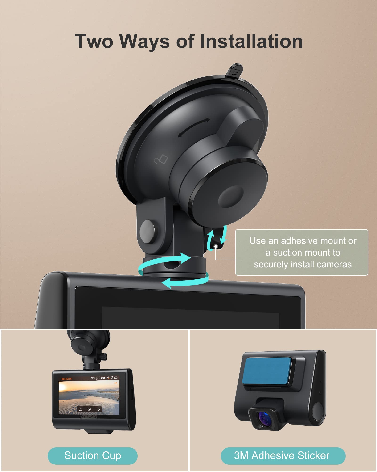 iZEEKER 4K Dash Cam Front and Rear with Wi-Fi, GPS, Dual Dash Camera for Cars with 32GB Card, 3'' IPS Touchscreen, WDR, Night Vision, Parking Mode, 2 Mounting Options