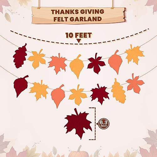 KatchOn, Felt Leaf Garland for Thanksgiving Decorations - 10 Feet, No DIY | Felt Fall Garland for Fall Decorations for Home | Fall Leaf Banner Garland, Felt Leaves Garland | Thanksgiving Banner