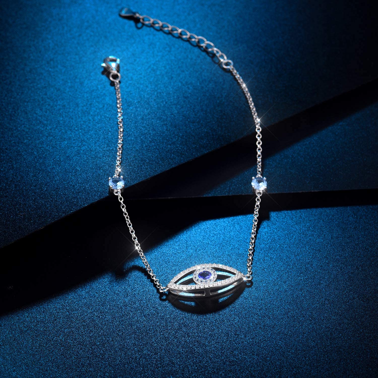 IOHUPCI 925 Sterling Silver Expandable Lucky Blue Evil Eye Chain Bracelet with Sparkling Cubic Zirconia for Women