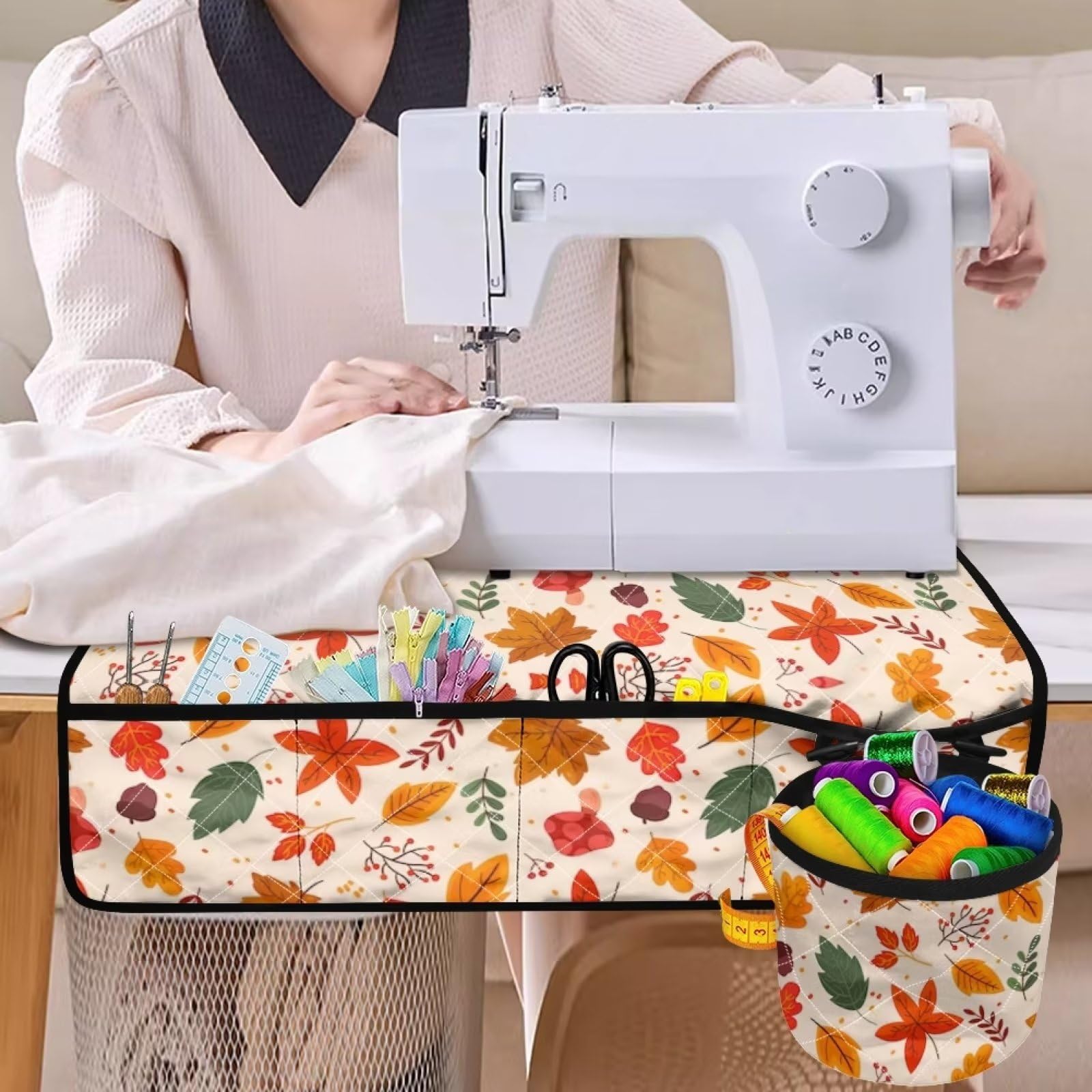 HUISEFOR Human Skeleton Sewing Machine Mat for Table with Pockets Halloween Sewing Machine Pad Non-slip Reduce Vibration Reduce Noise Sewing Machine Mats Black