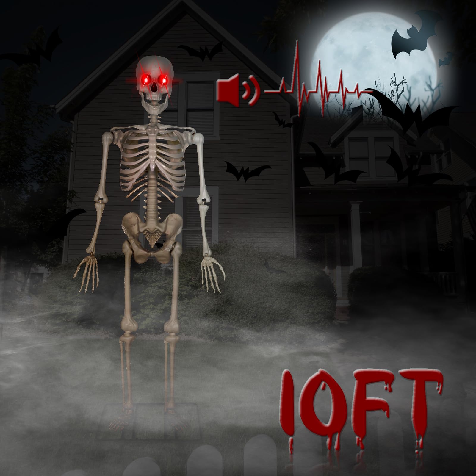 Jenaai 10 ft Halloween Skeleton Decoration Full Size Body Outdoor Yard Skeleton with Light up Eyes Creepy Sound and Movable Joints Realistic Poseable Human Bones Skeleton for Halloween Lawn Party Prop