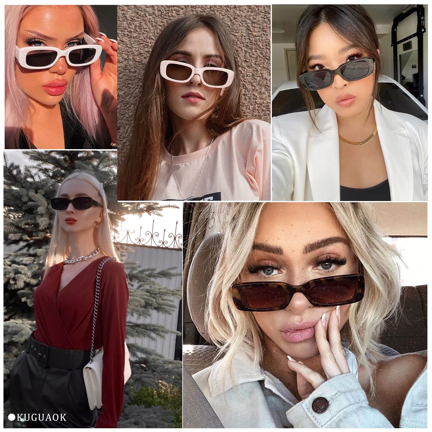 KUGUAOK Trendy Rectangle Sunglasses for Women Retro Small Square Sun Glasses UV 400 Protection Travel Goggles 3/4PACK