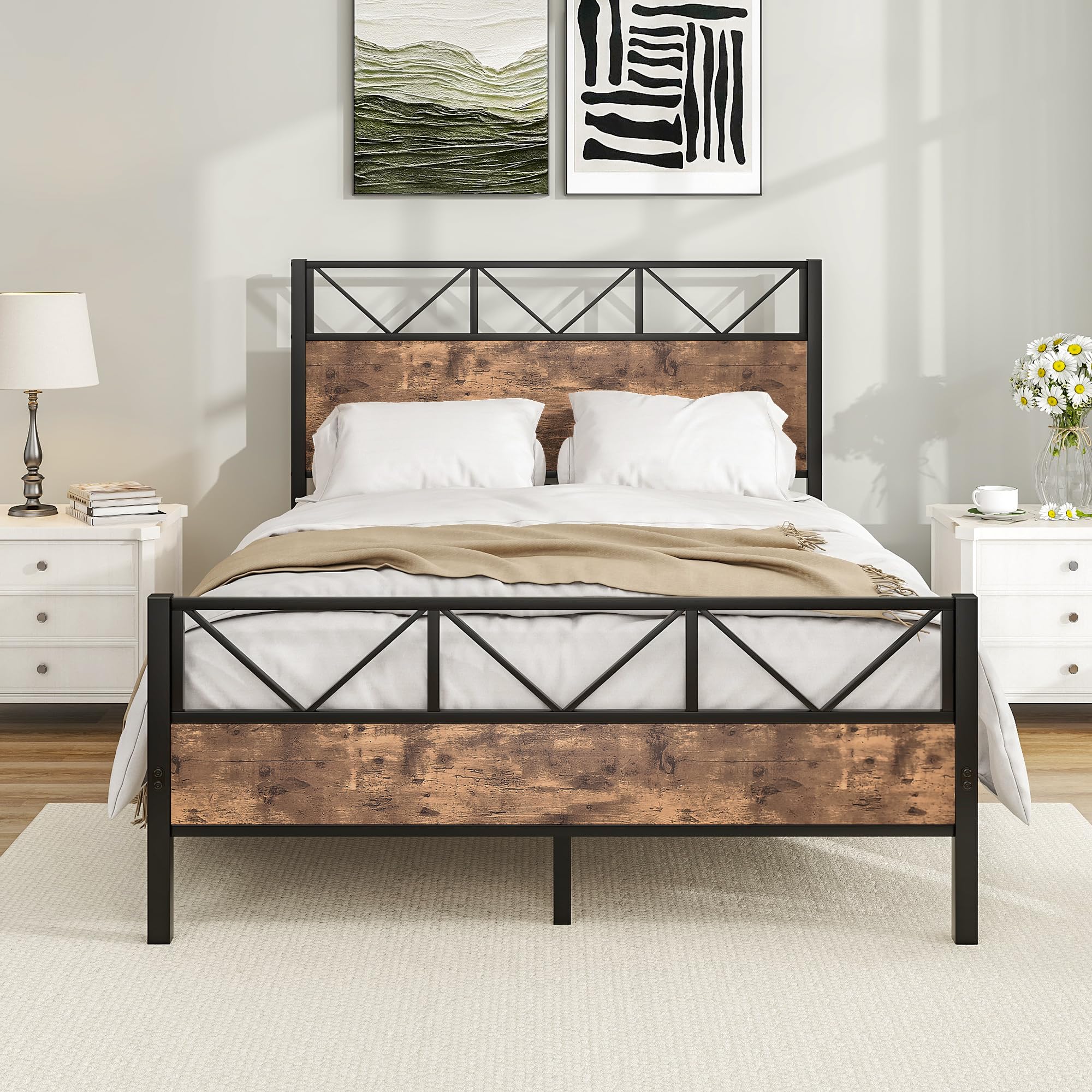 HOJINLINERO Full Size Bed Frame with Tall Wood Headboard/Heavy Duty Platform Bed Frame Full Size No Box Spring Needed/Enhanced Support Leg Mattress Foundation,Noise Free,Easy Assembly,Black